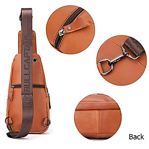 BULLCAPTAIN Leather Men's Sling Backpack Multi-pocket Crossbody Chest Bags Travel Hiking Daypack with Earphone Hole (brown 2)