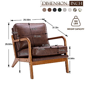 Upholstered Mid Century PU Leather Accent Chair, Comfy Lounge Armchair with Thicken Cushion, Modern Wooden Arm Chair, Sturdy Reading Chair for Living Room, Bedroom, 300 LBS Weight Capacity, Brown