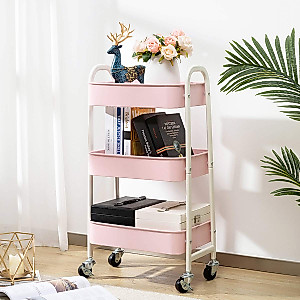 AGTEK Makeup Cart, Movable Rolling Organizer Cart, 3 Tier Metal Utility Cart, White - Pink