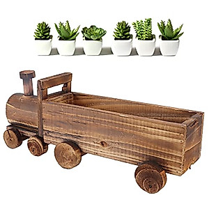Sempoda Creative Wooden Plants Flower Pot for Succulent Plants, Cartoon Train Shape Planter Container Bonsai, Cute Rustic Landscape Ornament for Desk Garden Home Office Balcony Courtyard Decor