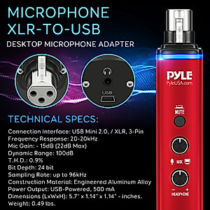 Pyle Microphone XLR to USB Signal Converter Adapter Universal Windows Mac Plug and Play Mic to PC Adaptor for Digital Recording Interface, Mix Audio Control, 48V Phantom Power, USB Cable (Red)