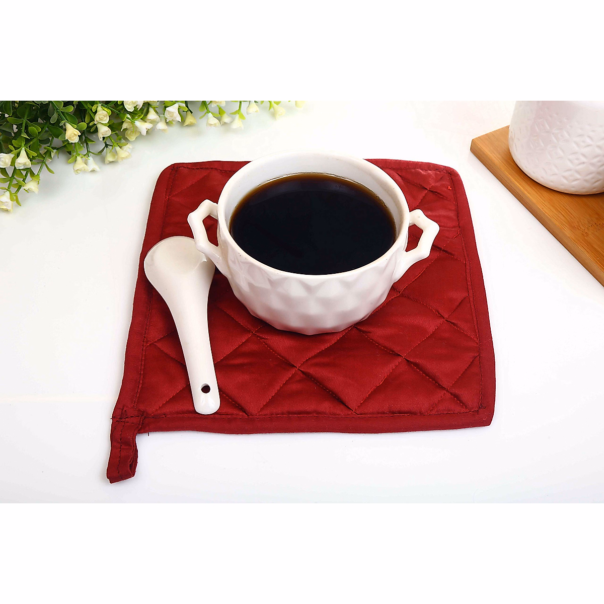 Pot Holders Cotton Made Machine Washable Heat Resistant Potholder, with Hanging Loop, Potholder for Cooking, Baking, Serving- Size 7" x 7" - Burgundy Color - ( Pack of 30 )