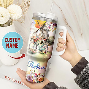 WAZONE Personalized Life Is Like Riding A Bicycle 40oz Tumbler with Handle and Straw Lid Custom Name Bicycling Gifts For Cyclist Biker Bicyclist Stainless Steel Travel Mug Flower Windmill