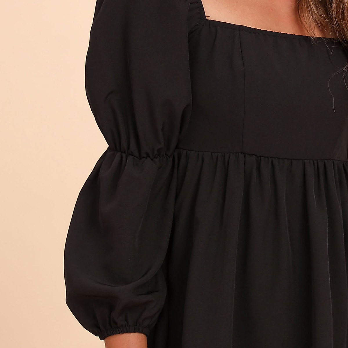EXLURA Womens Square Neck Dress Long Puff Sleeve A-Line Casual Short Mini Dress Black
