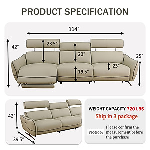 Plithzy Genuine Leather Power Recliner Sofa with LED, 114" Leather Sofa Couch with Adjustable Headrest&USB Charging, Power Reclining Sofa Living Room Furniture Set (Recliner Couch, Kachi Color)