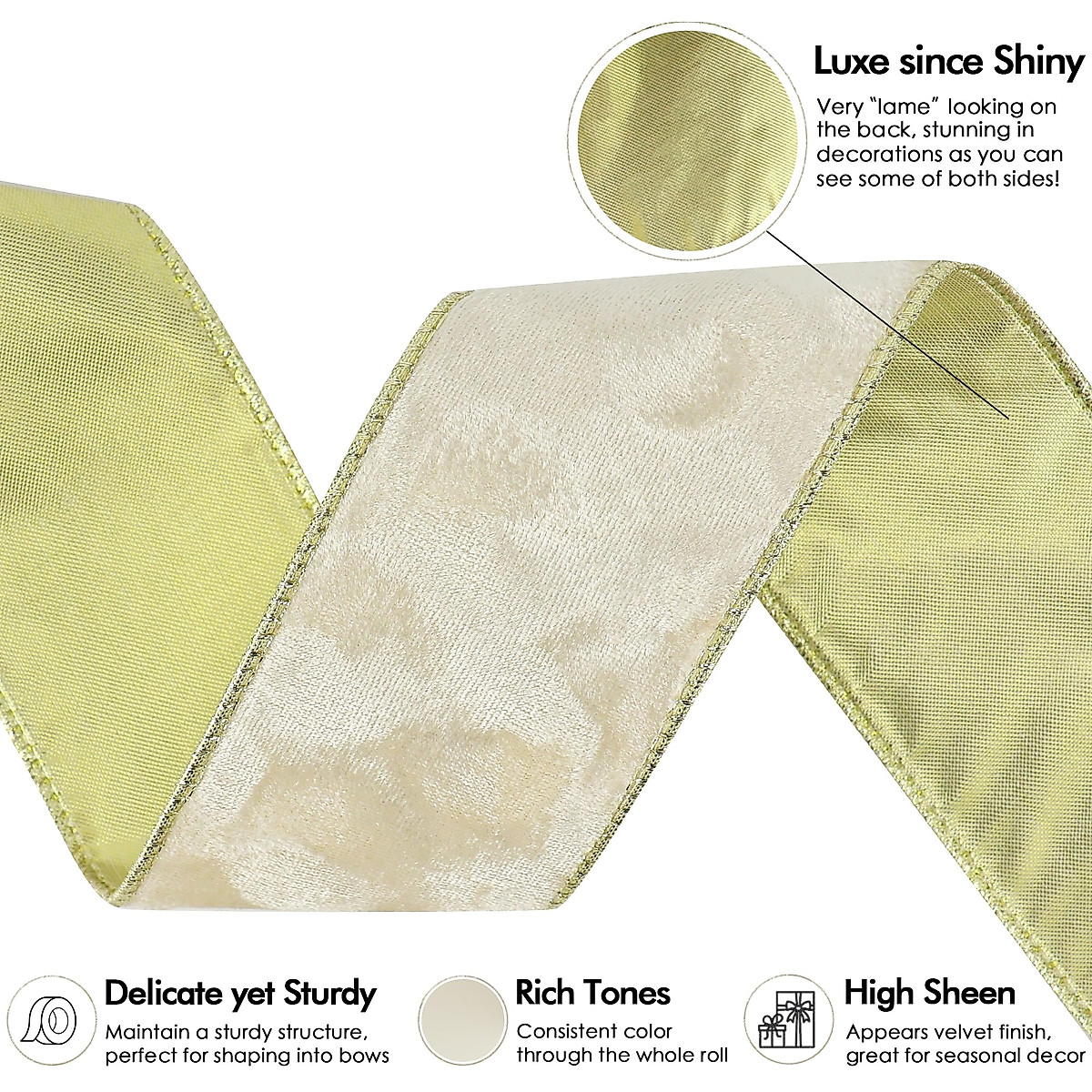 MEEDEE Ivory Velvet Ribbon with Gold Back Double Sided Christmas Wired Ribbon Cream Velvet Ribbon 2.5 Inch with 10 Yards Christmas Velvet Ribbon for Christmas Tree, Wreath Supplies, Crafts Bow