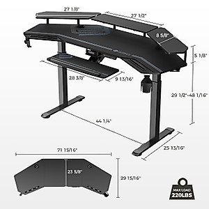 EUREKA ERGONOMIC Gaming Desk, Standing Desk Keyboard Tray, 72" Wing Shaped Music Studio Desk Electric Adjustable Height Desk Sit Stand Desk with LED Shelves, Gaming Recording Live Stream, Slot Design