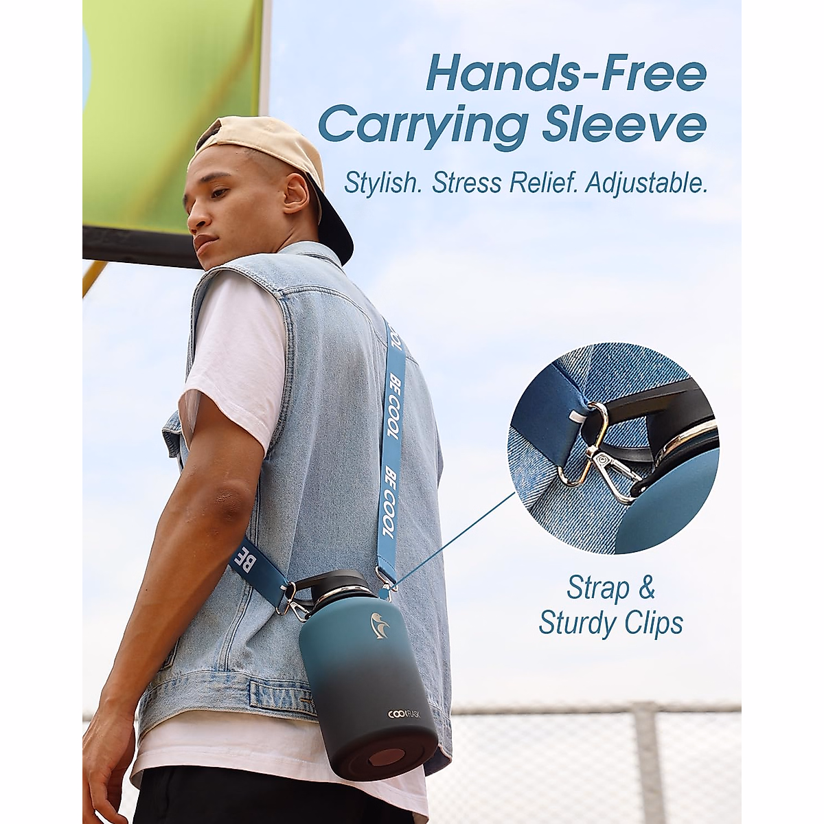 Coolflask 64 oz Water Bottle Insulated with Strap, Half Gallon Water Jug Stainless Steel with Straw & Spout Lids, Metal Large Water Flask, Keep Cold 48h Hot 24h, Leak Proof & Non-BPA, Prussian Blue