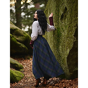 Long Plaid Skirts for Women Maxi Elastic High Waist Tartan Swing Skirt Blue S