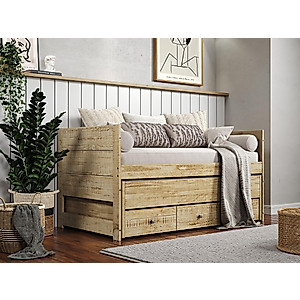 Bedz King All in One Twin Bed with Twin Trundle and 3 Built in Drawers, Weathered Honey