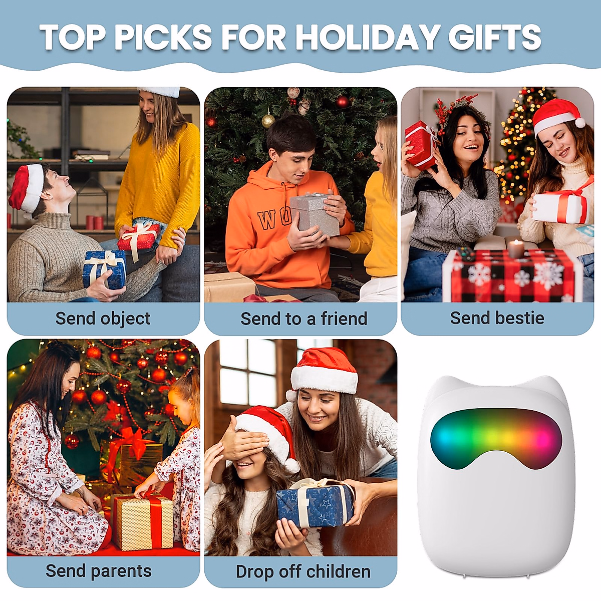 Mini Sticker Printer, Inkless Pocket Sticker Printer with 6 Color Lighting Modes, Bluetooth Thermal Printer with 13 Rolls Paper Compatible with Android & iOS for Journal, Memo, Photo, DIY, Gifts