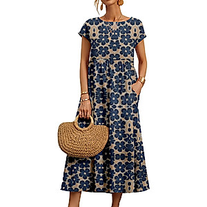 Akivide Women's Summer Cotton Linen Floral Printed Short Sleeve Dress Crew Neck Loose Casual Beach Dresses with Pockets, Long#blue Floral
