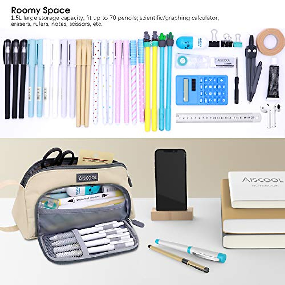 Aiscool Pencil Case Big Capacity Large Pencil Pouch Organizer Pen Bag Holder Stationery Box with Zipper and Compartments 1.5L Storage School Supplies College Office Boys and Girls Adult (Khaki)