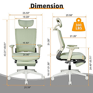 Foldable Ergonomic Office Chair, High Back Desk Chair with Footrest, Mesh Back Computer Chair with Fixed Headrest, 2D Armrest, Adjustable Lumbar Support, Soft Sponge Seat, Swivel Task Chair, Green