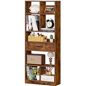 LELELINKY 6 Tier Open Bookshelf Mid Century Modern Bookcase, Wood Book Shelf with 8 Cubes and a Drawer, Floor Freestanding Bookshelves Cube Storage Organizer for Bedroom, Living Room, Office (Brown)