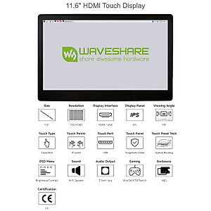 waveshare 11.6inch Capacitive Touch Screen LCD with Case Compatible with Raspberry Pi 4B/3B+/3A+/2B/B+/A+/Zero/Zero W/WH/Zero 2W CM3+/4 1920×1080 Resolution HDMI IPS Supports Jetson Nano/Windows
