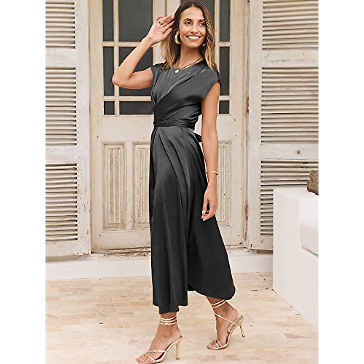 ANRABESS Women's 2023 Formal Dress for Women Summer Maxi Elegant Satin Cocktail Dress Sleeveless Wrap A-Line Flowy Midi Wedding Guest Silk Semi Formal Dress 916heihui-S Black