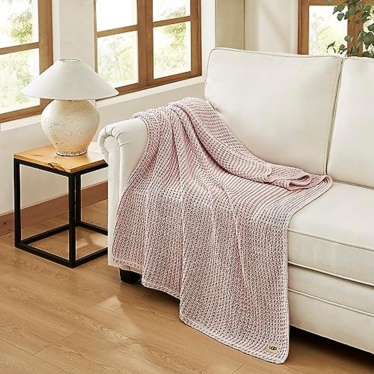 UGG 33816 Luna Cotton Throw Blanket Soft Washed Cotton Blankets Luxury Machine Washable Oversized Warm Accent Blanket for Home or Travel, 70 x 50-Inch, Quartz