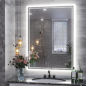 TokeShimi 32 X 24 Inch LED Bathroom Mirror with Front and Back Light 3 Color Dimmable Anti Fog Function Touch Switch Wall Mounted Bathroom Mirror with Adjustable White/Warm/Natural Lights Waterproof
