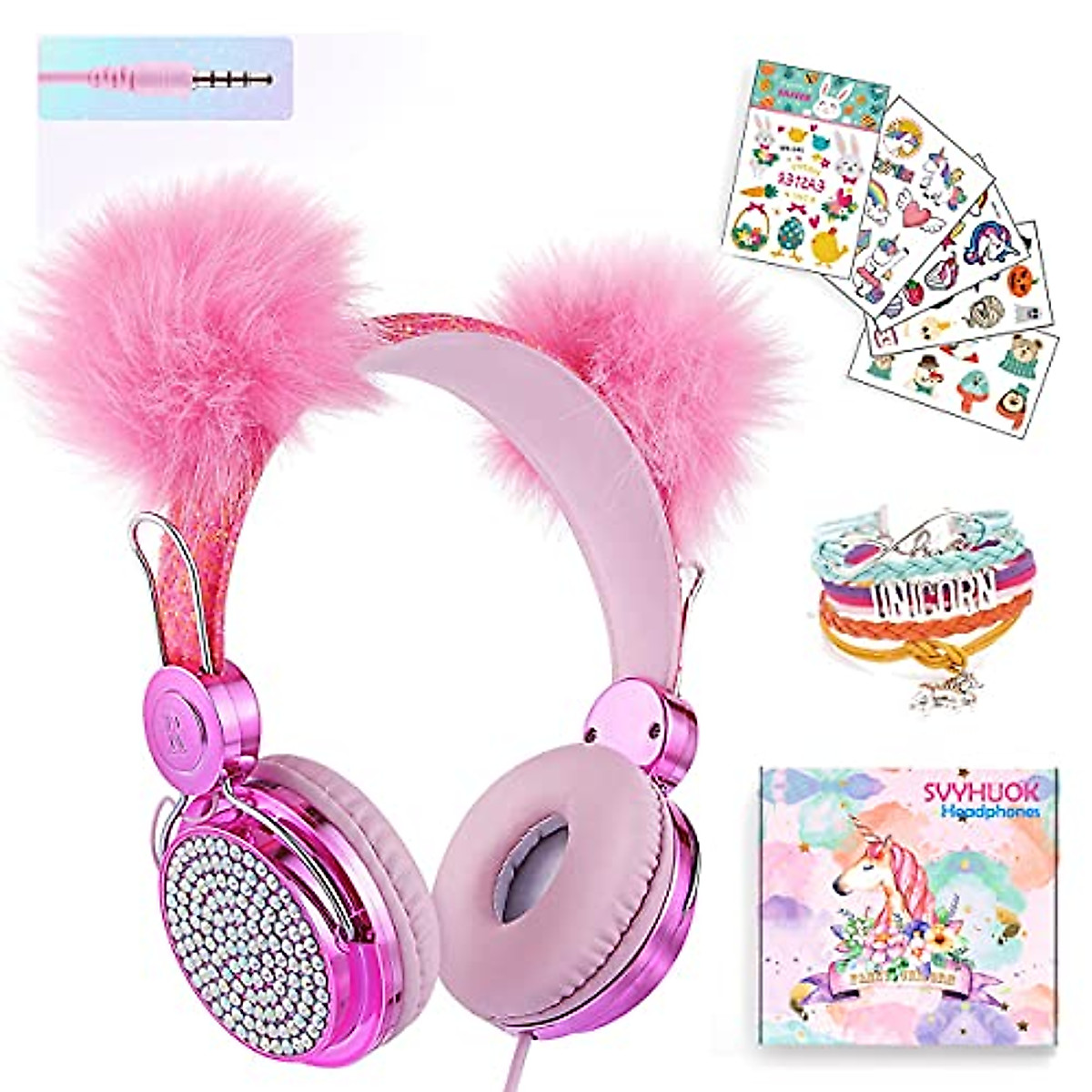 SVYHUOK Pompoms Pink Unicorn Wired Headphones,Cute Cat Ear Kids Game Headset for Girls Teens Tablet Laptop PC,Over Ear Children Headset withMic,for School Birthday Xmas Gifts
