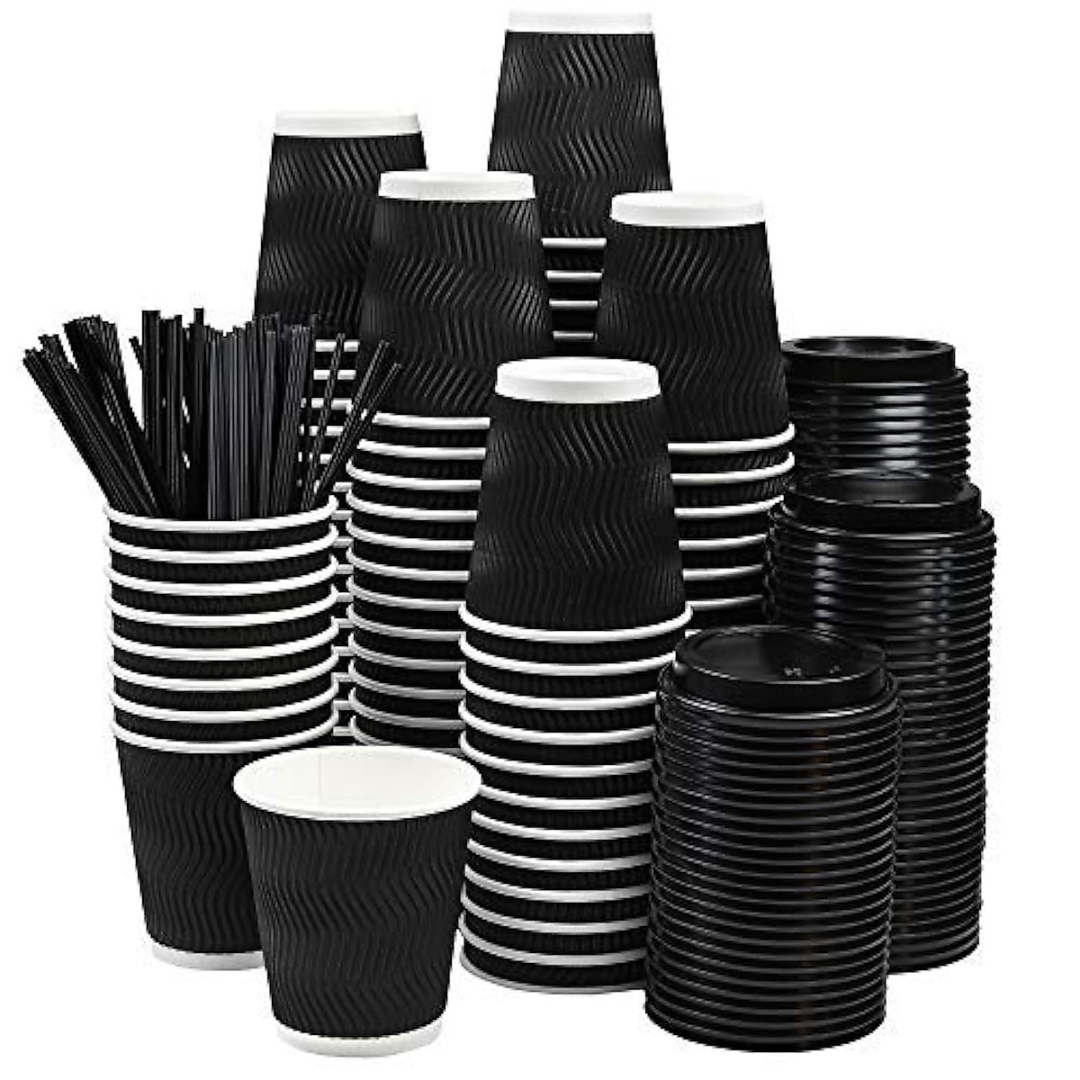 NYHI Set of 100 Black Disposable Paper Cups with Black Lids and Straws 12 oz Ripple Insulated Kraft for Hot Drinks Tea Coffee Triple Layer Design Eco Friendly Recyclable Durable Paper