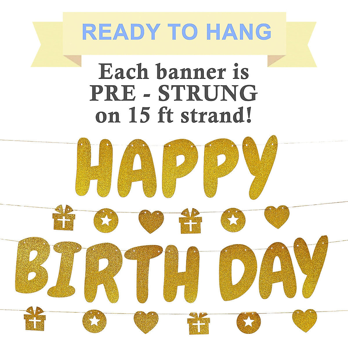CUTPOPUP Gold Glitter Happy Birthday Banner - Pre-Strung - and Gold Glitter Circle, Star, Heart, Gift Dots Garland for Men Women Birthday Party Decorations, Happy Birthday Door Banner