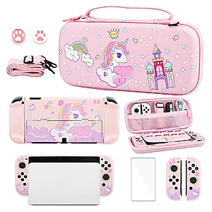 GLDRAM Carrying Case Compatible with Nintendo Switch OLED Cover, Pink Unicorn Case Bundle with Travel Case, Hard PC Shell, Screen Protector, Thumb Caps, Shoulder Strap, Cute Accessories Kit for Girls