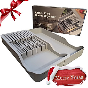 Mulikeer Knife Holder, In Drawer Knife Block Holder with Expandable Cutlery Tray Kitchen Drawer Organizer Insert-Holds 11 Knives for Save Space & Kitchen Safety (Drawer knife holder, Plastic)