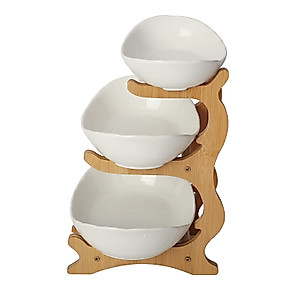 AIWFL 3 Tier Fruit Basket White Fruit Bowl with Bamboo Holder Fruit Ceramic Serving Tray Dessert Serving Stand for Candy Fruits Snacks Nuts Storage Holder