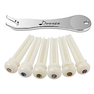 Donner Acoustic Guitar Bridge Pins, 6PCS White Bone Bridge Pins Inlaid 3mm Abalone Dot with Guitar Pins Puller and Sandpaper
