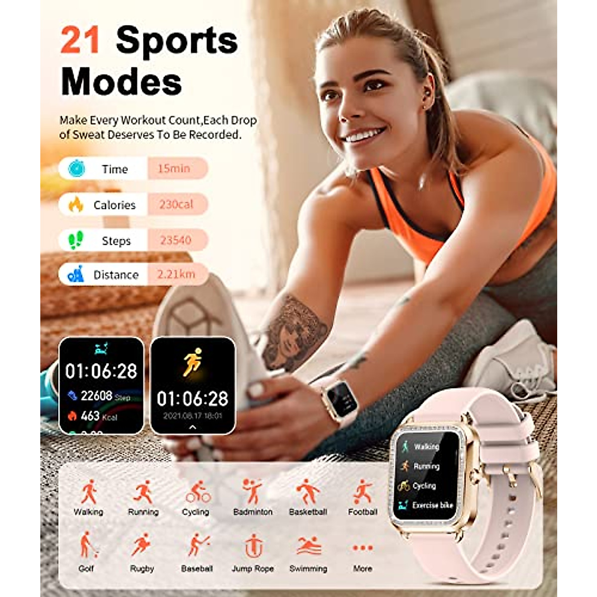 LIGE Smart Watches for Women, 1.57‘’HD Screen Fitness Watch with 21 Sport Modes/Heart Rate/Blood Pressure Monitor/Sleep Tracker, Smartwatch with Text and Call, IP67 Smart Watch for Android iOS, Gold