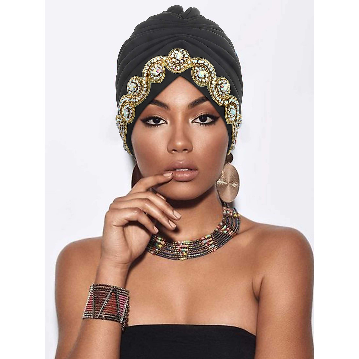 Woeoe Women African Turban Bling Rhinestones Beanie Cap Headwear Pre-Tied Crystal Head Wrap (Black)
