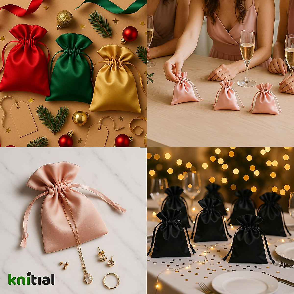 Knitial 50 Pack 6" x 9" Inch Satin Black Gift Bags, Jewelry Bags, Wedding Favor Drawstring Bags Baby Shower Christmas Gift Bags