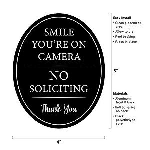 All Hung Up 4" x 5" Smile You're on Camera & No Soliciting Sign for House, 3M Self-Adhesive for Door,Window,Wall, Durable Quality Aluminum Metal Surface, Home,Business,Office, Thank You, Black