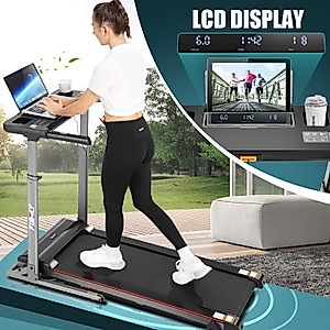 Folding Treadmill with Desk & Adjustable Height, 300 LBS Weight Capacity, Heavy-Duty Treadmill with Incline, Bluetooth Speaker & App Control, Electric Walking Machine Running Treadmill for Home