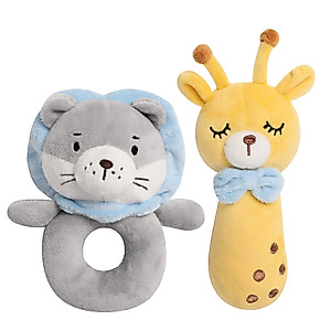 TILLYOU Plush Rattle Toys for Baby - Soft Plush Stuffed Animal Rattle for Newborns, Rattle Shaker Set for Infants, Gifts for Girls Boys, Shaker & Teether Toys for 3 6 9 12 Months, Grey(Yellow)