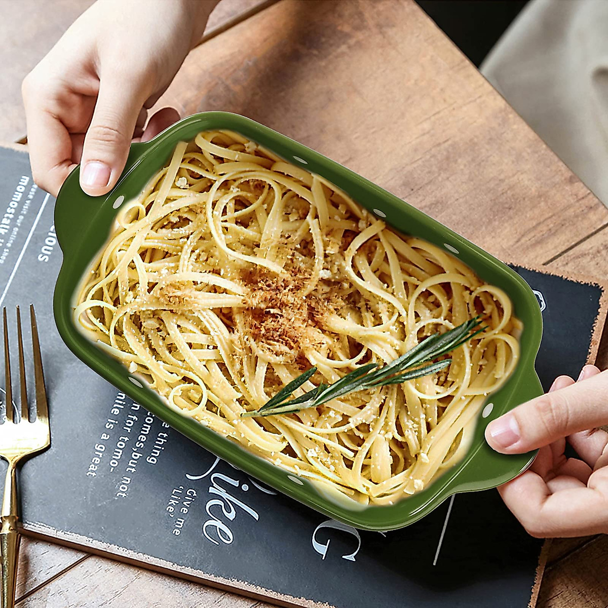 AVLA 4 Pack Porcelain Baking Dish, 7 Inch Ceramic Rectangular Small Baking Pan Baking Ramekin with Double Handles, 18 OZ Individual Baking Pans for Lasagna, Casserole Dish, Polka Dot