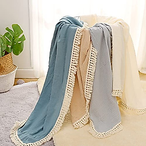INSULAR Cotton Muslin Baby Blanket with Tassel, Boho Bohemian Muslin Swaddle Blanket Baby Receiving Blanket with Fringe, Nursery Decor Throw or Nursing Blankets, 47" x40”, Flower