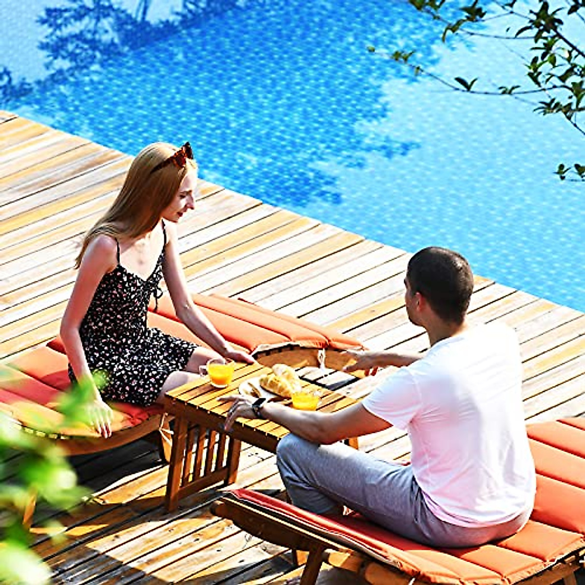 Tangkula 3 Pcs Folding Patio Solid Eucalyptus Wood Lounge Chair Set, Outdoor Lounger Chair w/Foldable Side Table, Double-Sided Cushion Lounger Chairs Set for Garden Lawn Backyard(Red & White)