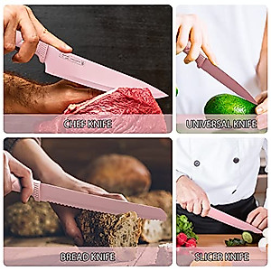 Kitchen Knife Set, Retrosohoo Pink Flower 6PC Stainless Steel Sharp Chef Knife Set with Acrylic Stand, Cooking Non-slip Knife Set with Block, Non-stick Colorful Coating Gift for Women Girls (Pink)