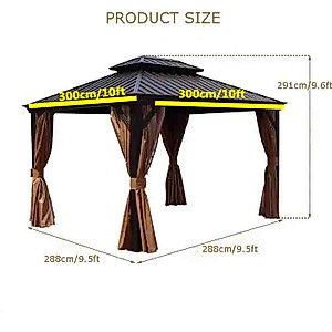 Hardtop Gazebo, 10X 10ft Outdoor Double Roof Canopy, Aluminum Frame Permanent Pavilion with Curtains and Netting, Sunshade for Garden