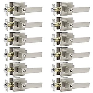 Knobonly Keyed Alike Entry Door Levers One Keyway Entrance/Front Door Handles with Same Keys Satin Nickel, Heavy Duty Keyed Exterior Door Locksets Door Handle Set, Combo Pack of 12