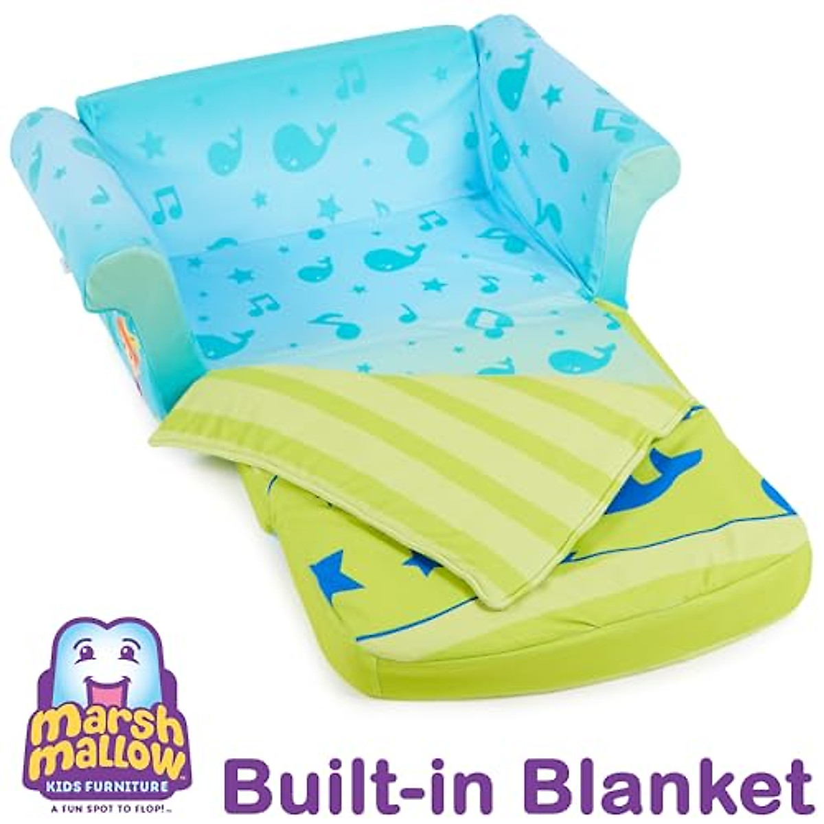 Marshmallow Furniture, Cocomelon 3-in-1 Slumber Sofa Baby Lounger, Convertible Kids Couch, Sofa Bed & Foam Toddler Nap Mat with Attached Blanket