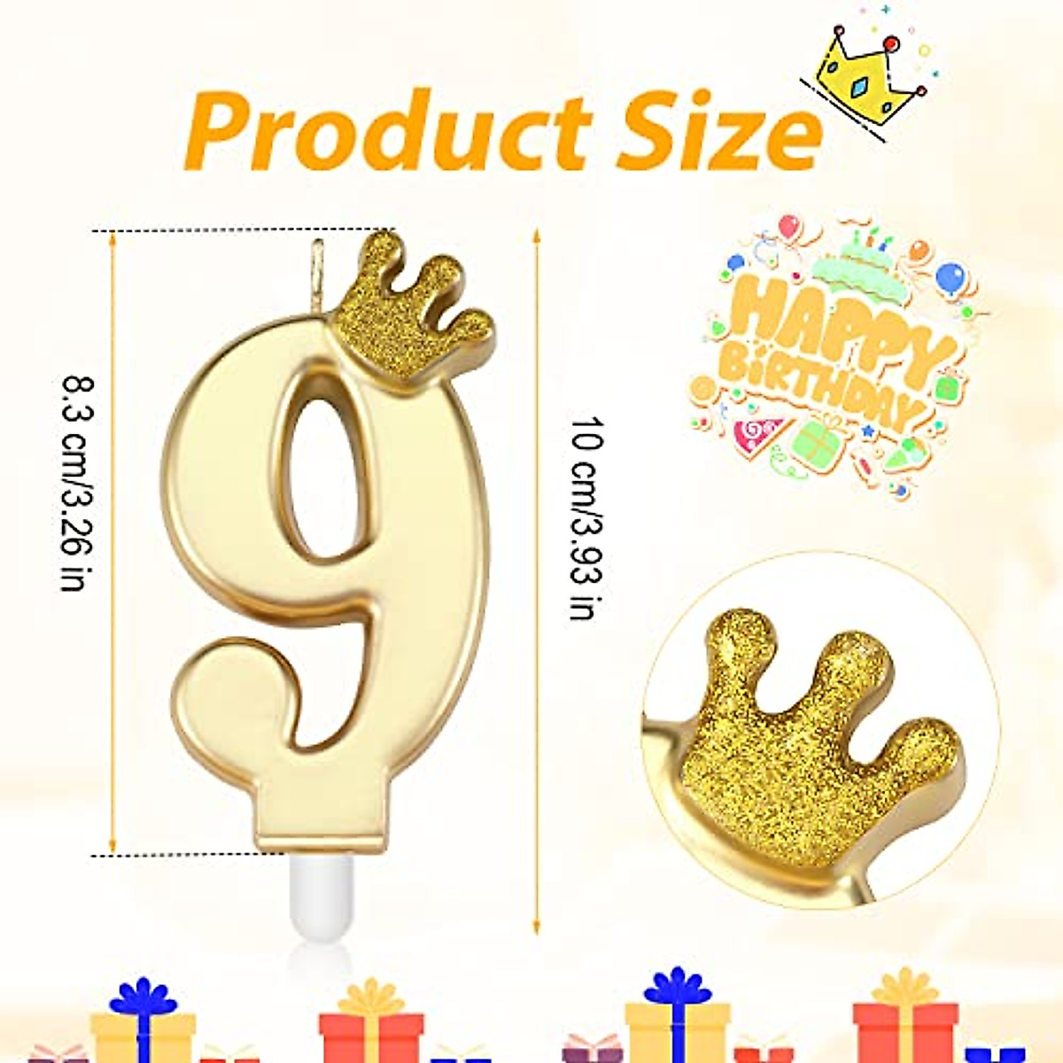 3.9inch Birthday Number Candle, Large 3D Number Birthday Candles for Cake with Glitter Crown Decor Cake Topper Candle for Wedding Ceremony Anniversary Festival Party (Gold, 9)