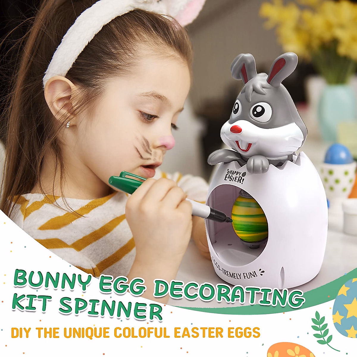 Easter Gifts for Kids, Easter Egg Decorating Kit, DIY Egg Coloring Spinner with 8 Colorful Markers & 6 White Eggs, Bunny Toys for Boys, Basket Stuffers for Girls, Children, Toddlers