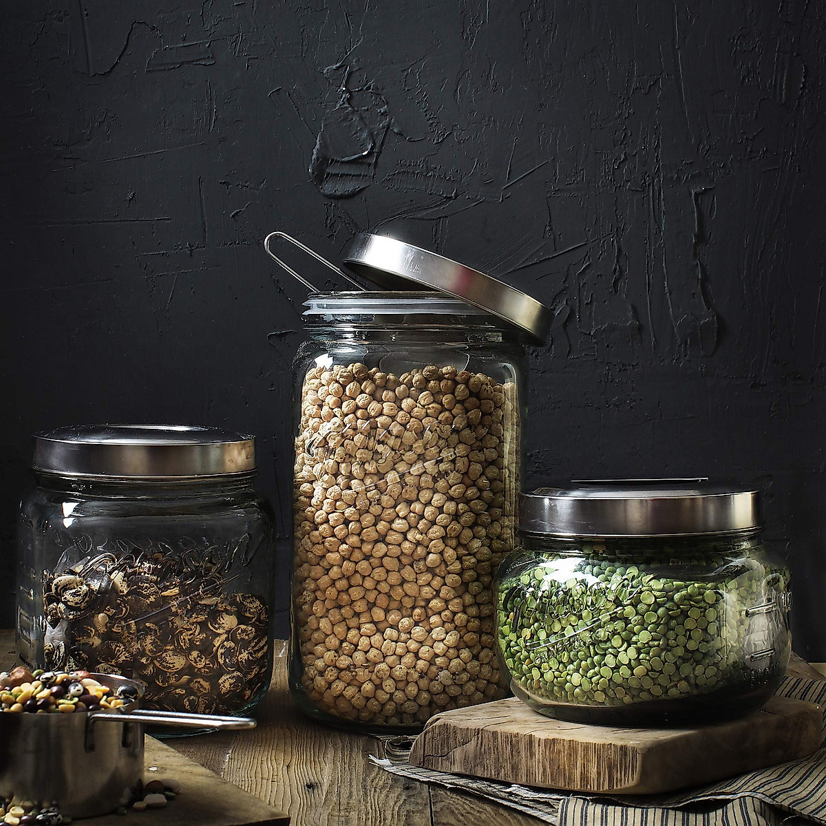 Mason Craft & More Airtight Kitchen Food Storage Clear Glass Pop Up Lid Canister, 3 Piece Pop Up Graduated Canister Set (1.6L, 2.75L, and 4.6L)