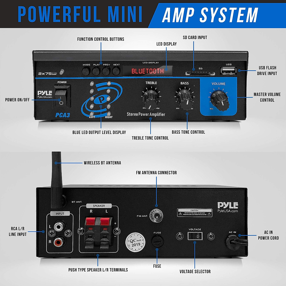 Pyle Home Home Audio Power Amplifier System - 2X75W Mini Dual Channel Sound Stereo Receiver Box w/ LED - For Amplified Speakers, CD Player, Theater via 3.5mm RCA - For Studio, Home Use - Pyle PCA3