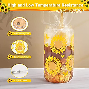 Lvoetgif Sunflower Gifts for Women, Iced Coffee Glass with Bamboo Lids and Straw, Beer Can Shaped Drinking Glass Cup, Inspirational Birthday Sunshine Christmas Gifts for Mom, Best Friend, Wife