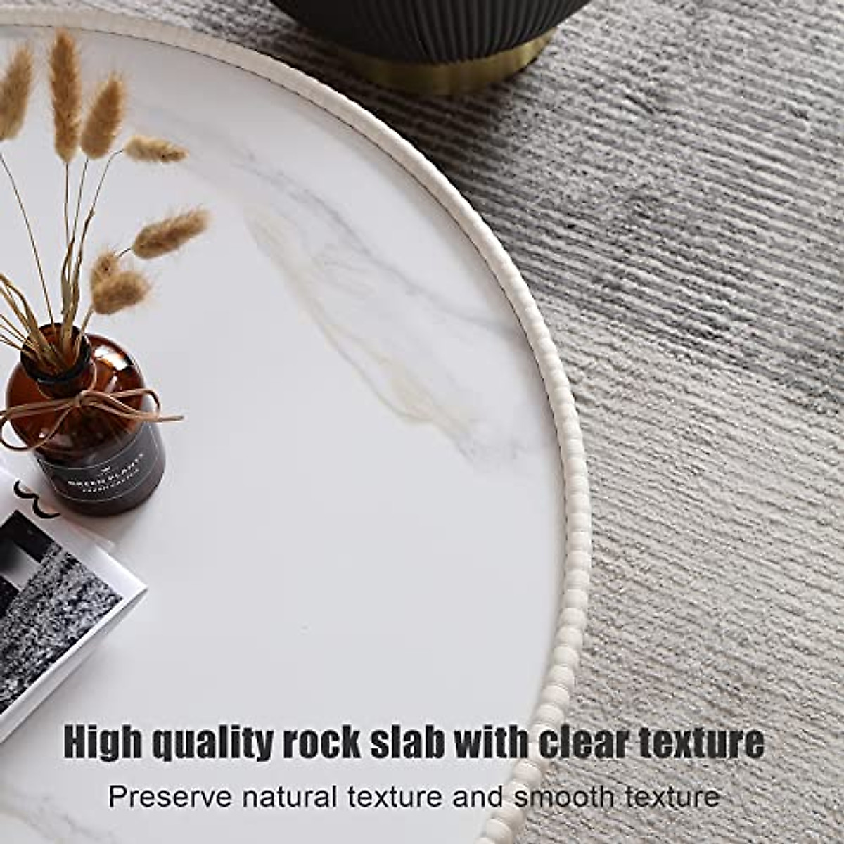 Modern Round Coffee Table, Marble Pattern Tabletop Leather Edge Sofa End Table with Metal Base,Luxurious Side Table for Home Decor Living Room(28x14.2, White)