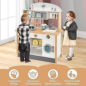 Costzon Kids Kitchen Playset, Wooden Pretend Cooking Toy with Sink & Faucet, Microwave, Dish Rack, Washing Machine, Play Kitchen with 15 PCS Toy Accessories for Toddlers, Gift for Boys Girls 3+
